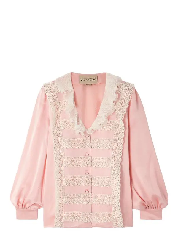 Valentino Garavani Lace And Plissé Chiffon-trimmed Silk-crepe Blouse - Pink