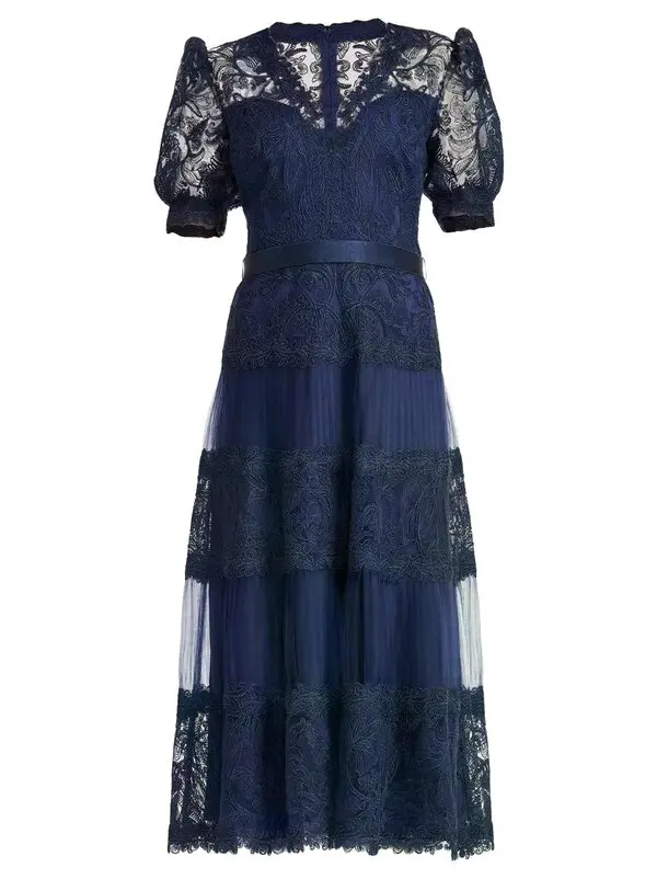 Tadashi Shoji Embroidered Pleated Midi Dress - Blue