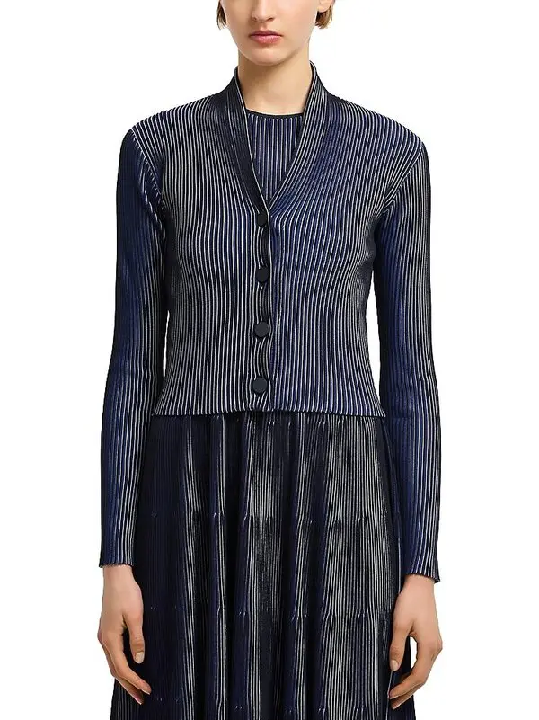 Emporio Armani Bicolor Ribbed Striped Cardigan Sweater - Solid Black