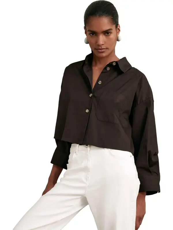 REISS Oversized Cropped Cotton Shirt - Chocolate Brown