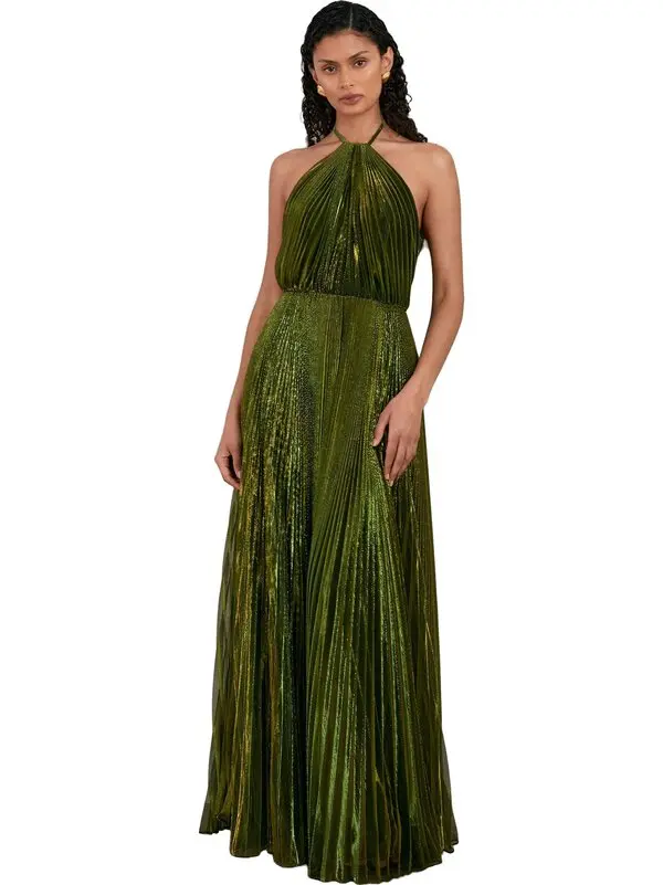 Halston Metallic Pleated Maxi Gown - Dark Olive Green