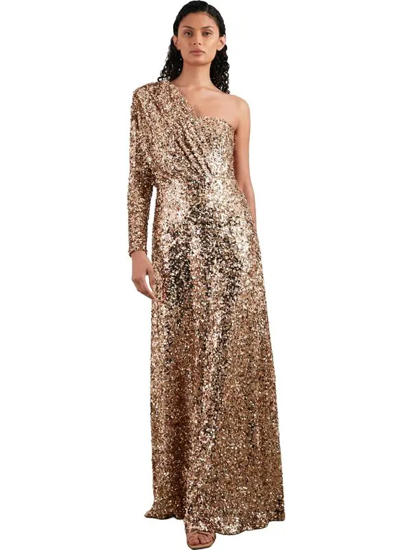 Halston Ramona Sequin One Shoulder Gown - Gold