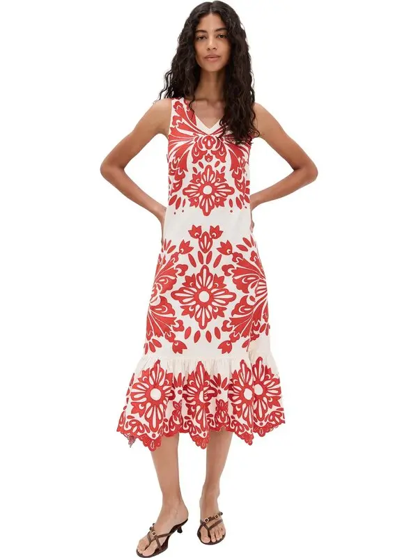 Sea Liliana Floral Appliqué Linen-blend Dress - Red