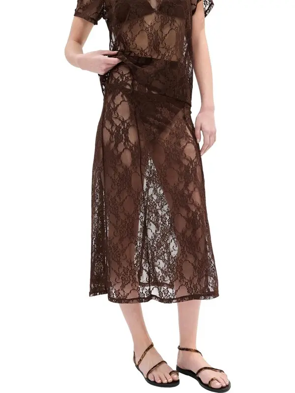 LE BOP Floral Lace Skirt - Chocolate