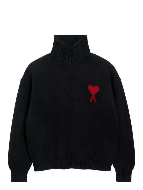 AMI Paris De Coeur Roll-neck Sweater In Felted Merino Wool - Black