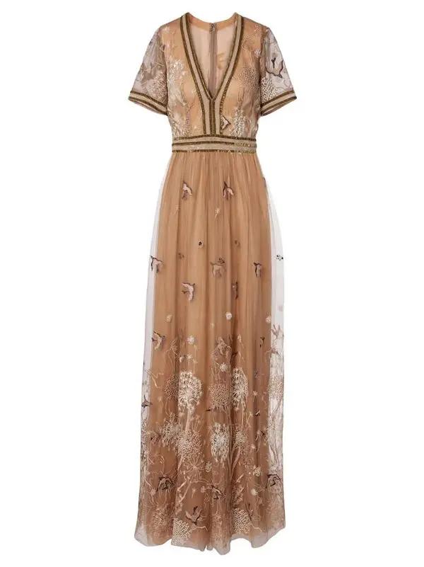 Costarellos Embroidered Tulle Gown - Beige