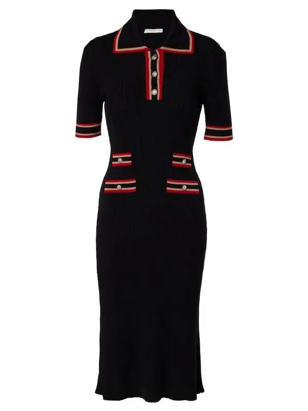 Alessandra Rich Ribbed Virgin Wool Polo Dress - Black