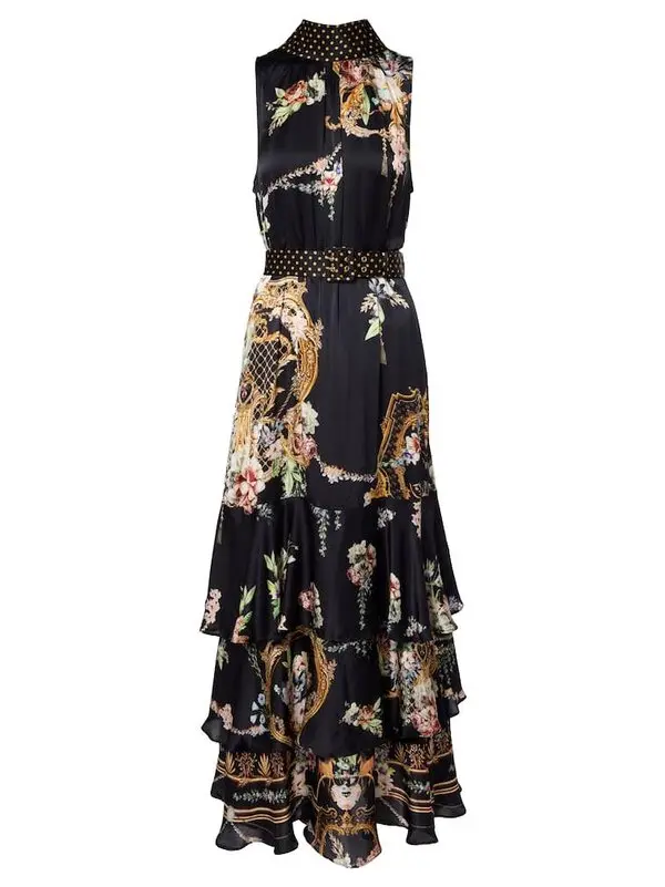 Camilla Belted Floral Tiered Silk Maxi Dress - Multicoloured