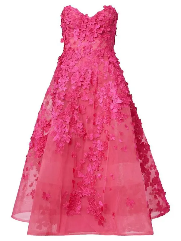 Monique Lhuillier Floral-appliqué Tulle Midi Dress - Pink
