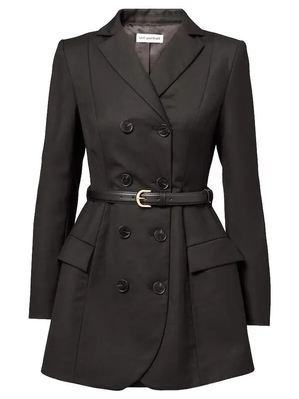 SELF-PORTRAIT Belted Double-breasted Blazer Dress - Black