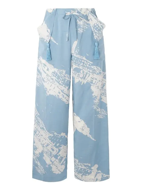 Bottega Veneta Printed Silk And Cotton-blend Shantung Wide-leg Pants - Blue
