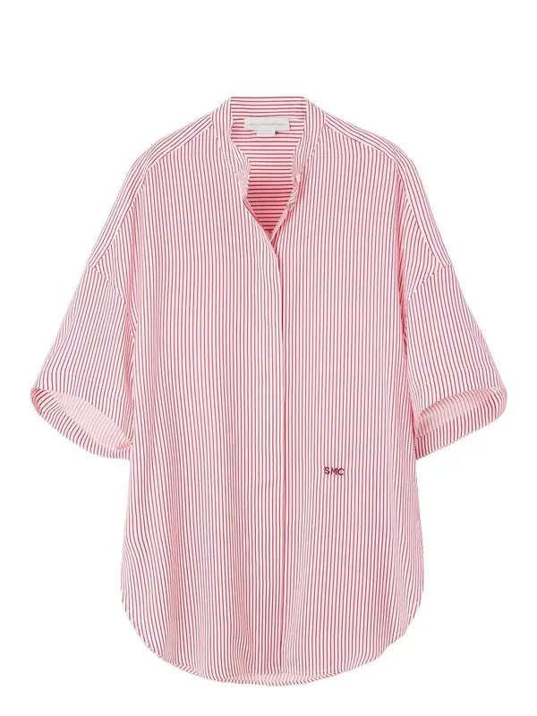 Stella McCartney Oversized Embroidered Striped Organic Silk Shirt - Red