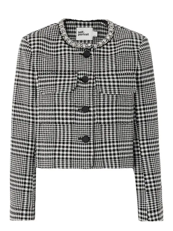 SELF-PORTRAIT Crystal-embellished Houndstooth Jacket - Gray
