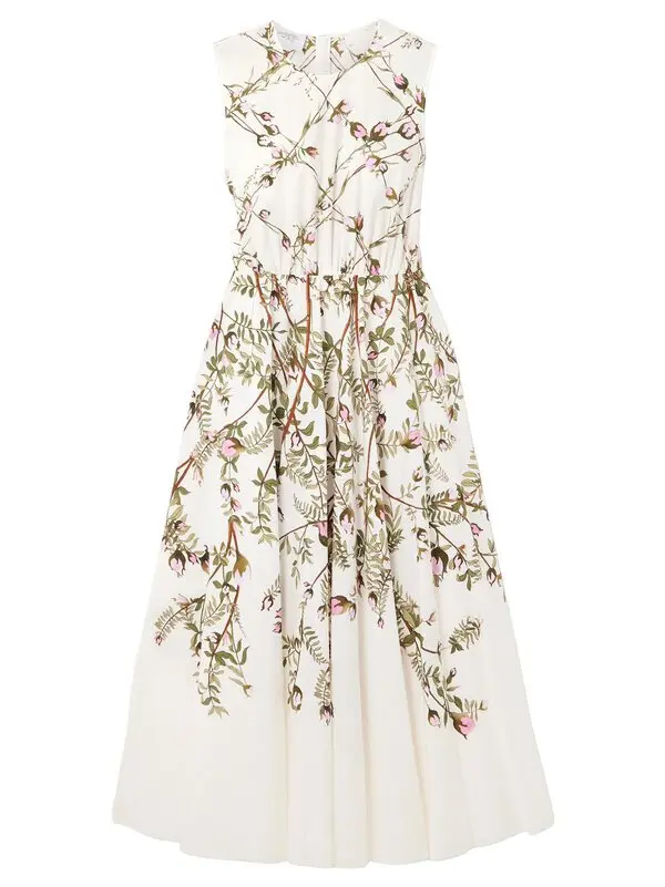 Giambattista Valli Floral-print Pleated Cotton-poplin Midi Dress - White