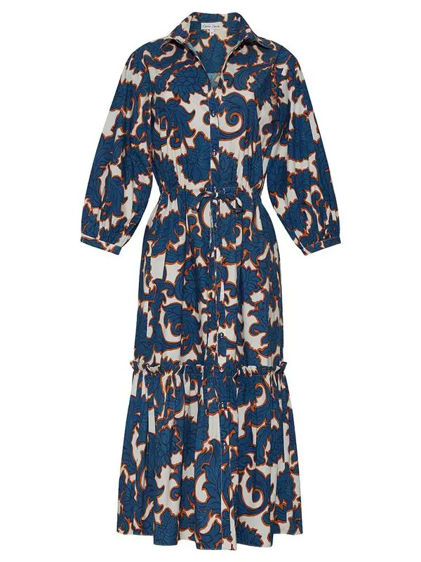 Cara Cara Hutton Printed Midi Shirt Dress - Mystic Flora Blue