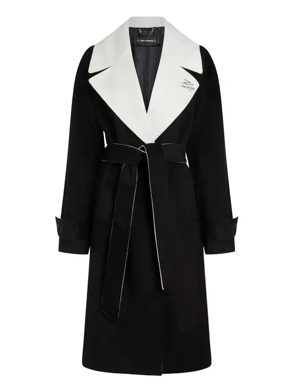 Karl Lagerfeld Belted Contrast-collar Coat - Black