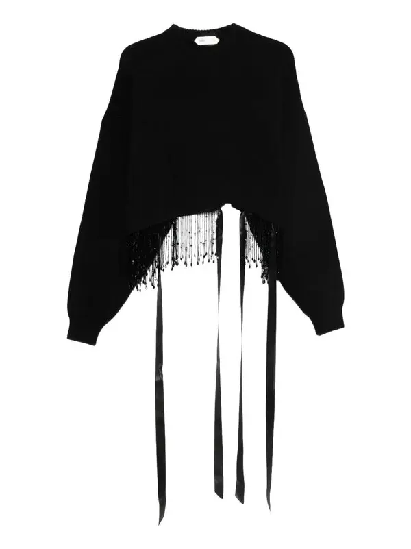Alberta Ferretti Beaded-fringe Ribbon-detail Sweater - Black
