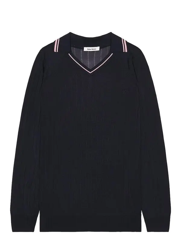 WALES BONNER Roots Polo Top In Navy - Navy & Pink