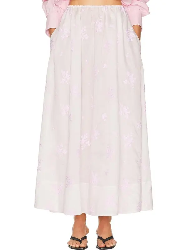 HELSA Midday Skirt In Cherry Blossom Embroidery - White & Pink Embroidery