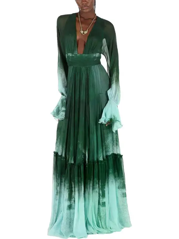 Roberto Cavalli Ruffled Silk Empire Dress - Green