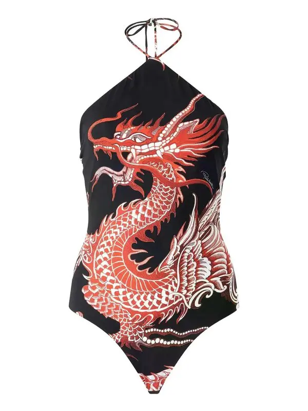 Roberto Cavalli Dragon-print Halterneck Bodysuit - Black