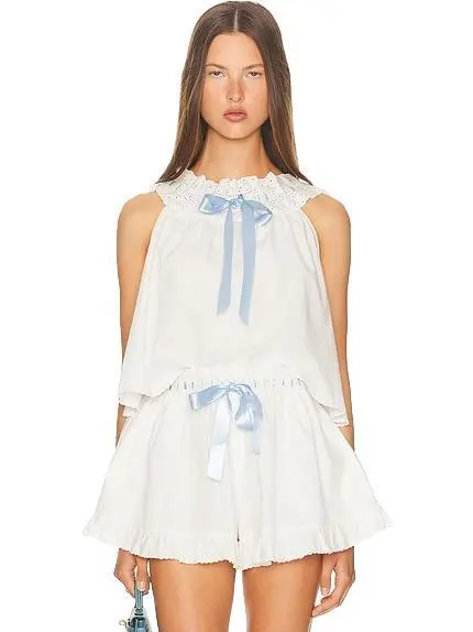HELSA Vintage Top With Satin Tie Detail - White