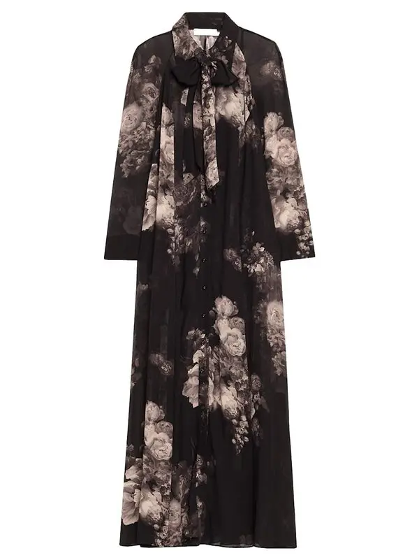 Zimmermann Floral Long-sleeve Maxi Shirtdress With Tie Neckline - Ghost Floral