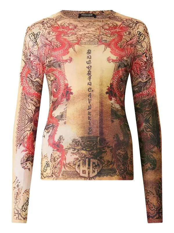 Roberto Cavalli Dragon-motif Long-sleeve Top - Neutrals