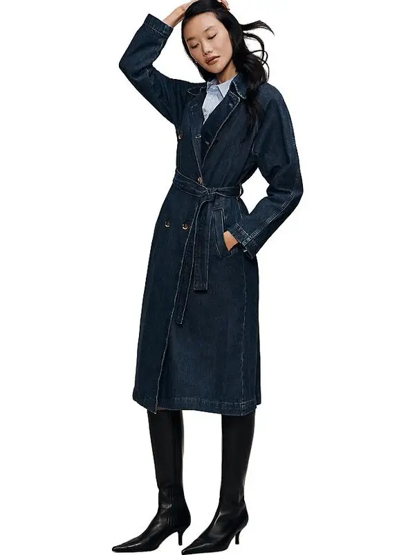 PILCRO Denim Trench Coat With Tie Belt - Dark Denim