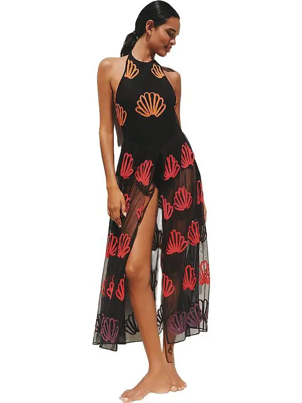 CELANDINE Embroidered Bodysuit Maxi Dress - Anthracite
