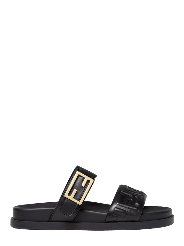 Fendi Ff Baguette Nappa Leather Slides - Black