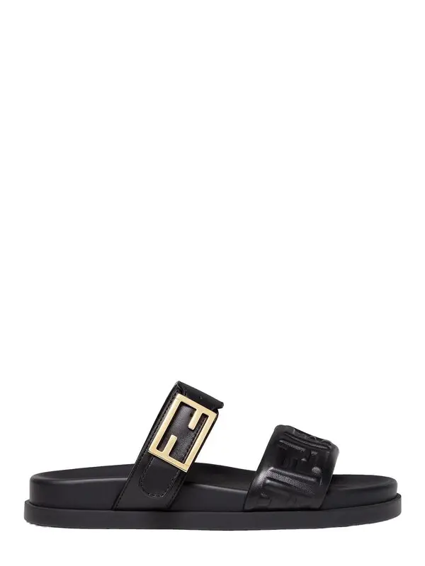 Fendi Ff Baguette Nappa Leather Slides - Black