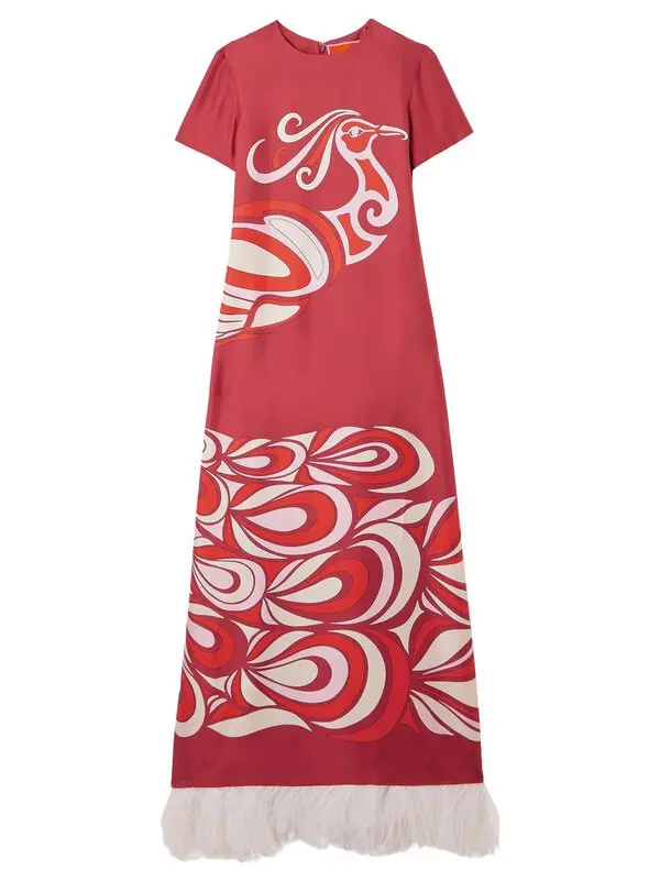 La DoubleJ Swing Feather-trimmed Printed Silk-twill Maxi Dress - Red