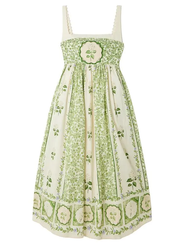 Agua Bendita Barbara Pleated Bead-embellished Floral-print Linen Midi Dress - Green