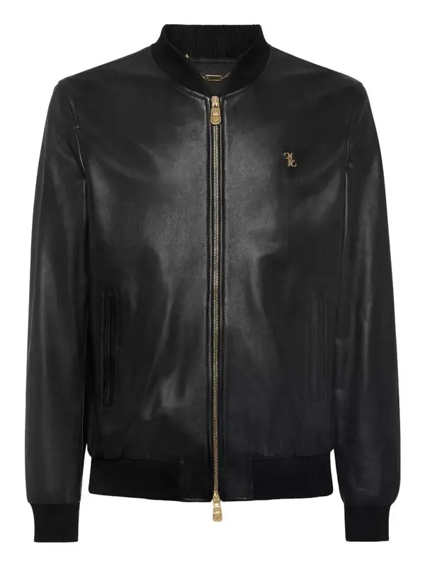 BILLIONAIRE Leather Bomber Jacket - Black