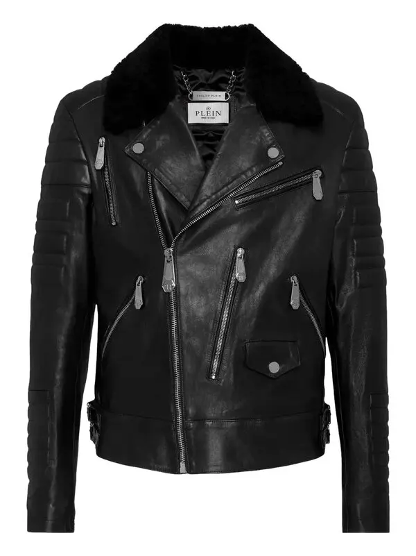 Philipp Plein Shearling-collared Biker Jacket - Black
