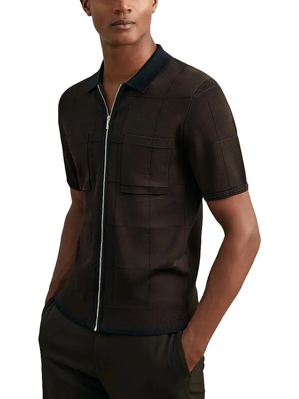 REISS Baxter Zip Front Short Sleeve Shirt - Chocolate
