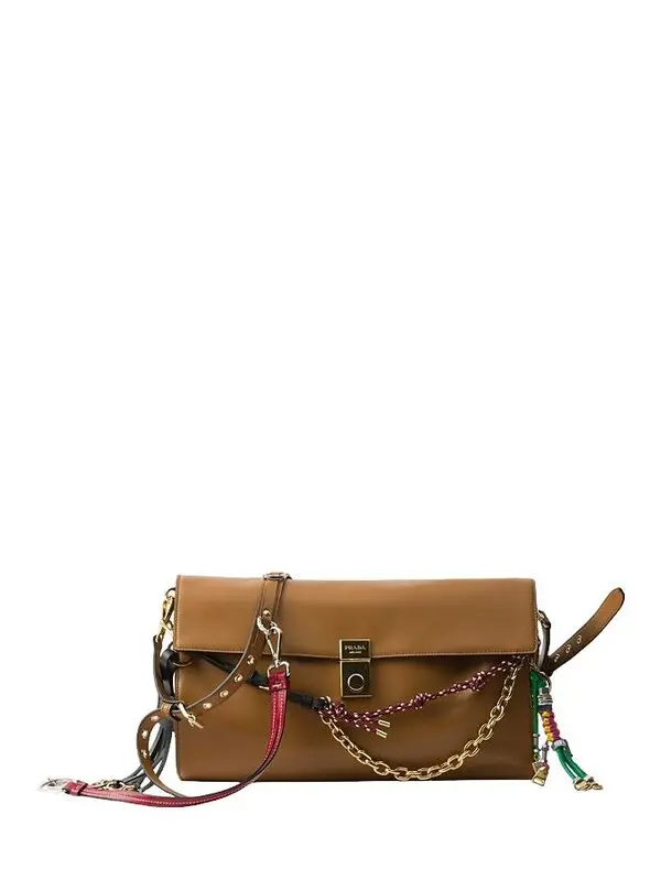 Prada Large Leather Shoulder Bag With Charms - Brown