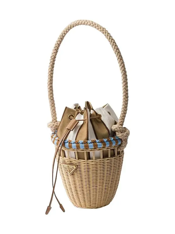 Prada Wicker Bucket Bag - Tan/light Blue