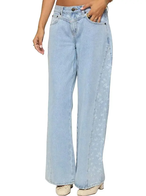 EDIKTED Floral Split Low Rise Jeans - Blue Washed