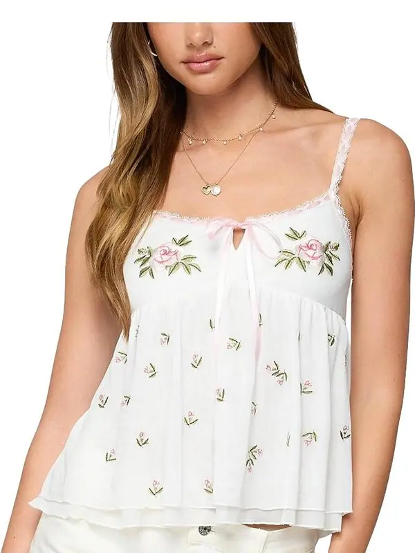 EDIKTED Embroidered Layered Mesh Babydoll Top - White