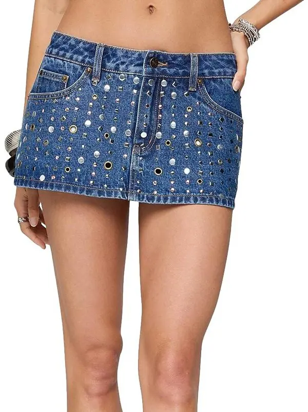 EDIKTED Studded Grommet Denim Mini Skort - Blue Washed