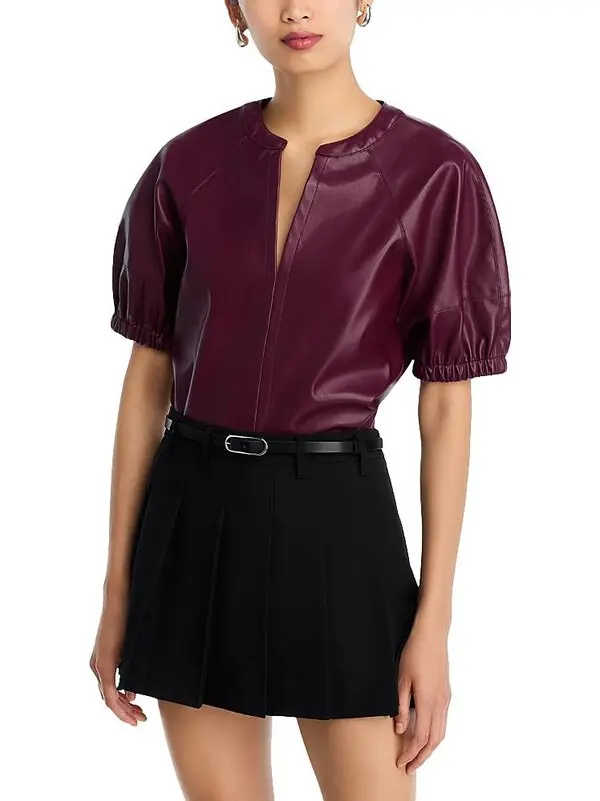Steve Madden Roxanne Faux Leather Split Neck Top - Wine