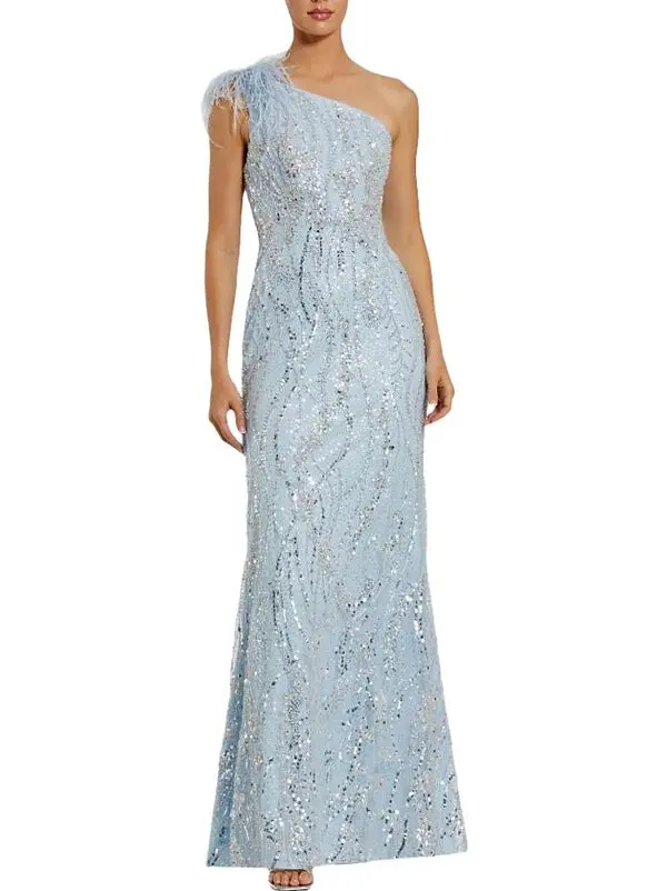 Mac Duggal Feathered One Shoulder Embroidered Gown - Powder Blue