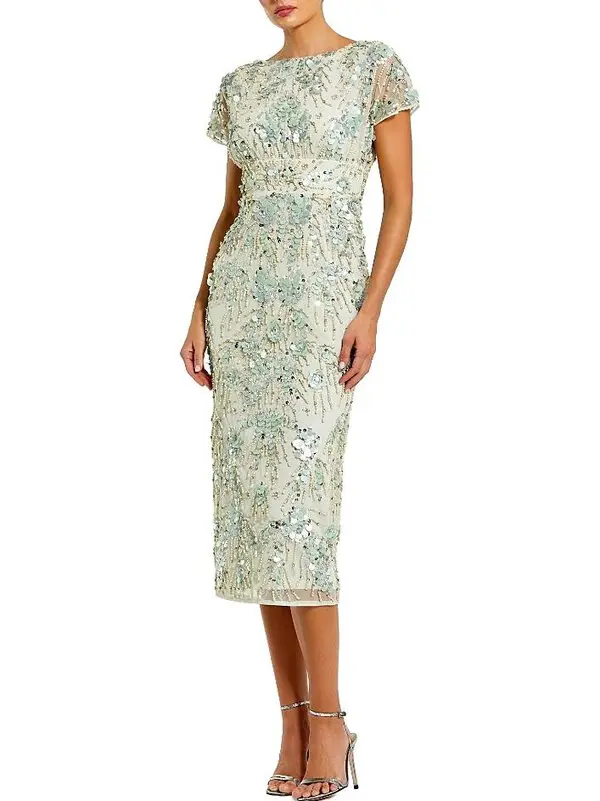 Mac Duggal Embellished Mesh Cap Sleeve Midi Dress - Sage