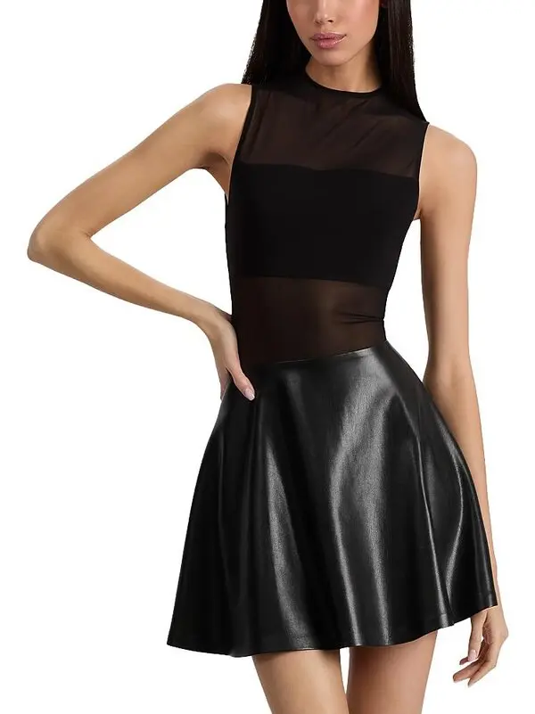 Alice + Olivia Chara Mesh Drop Waist Mixed Media Dress - Black