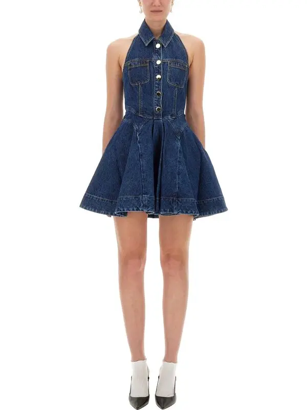 SELF-PORTRAIT Denim Flared Mini Dress - Navy