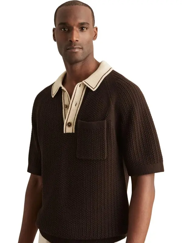 REISS Donovan Cotton Textured Knit Contrast Polo Shirt - Dark Brown/stone