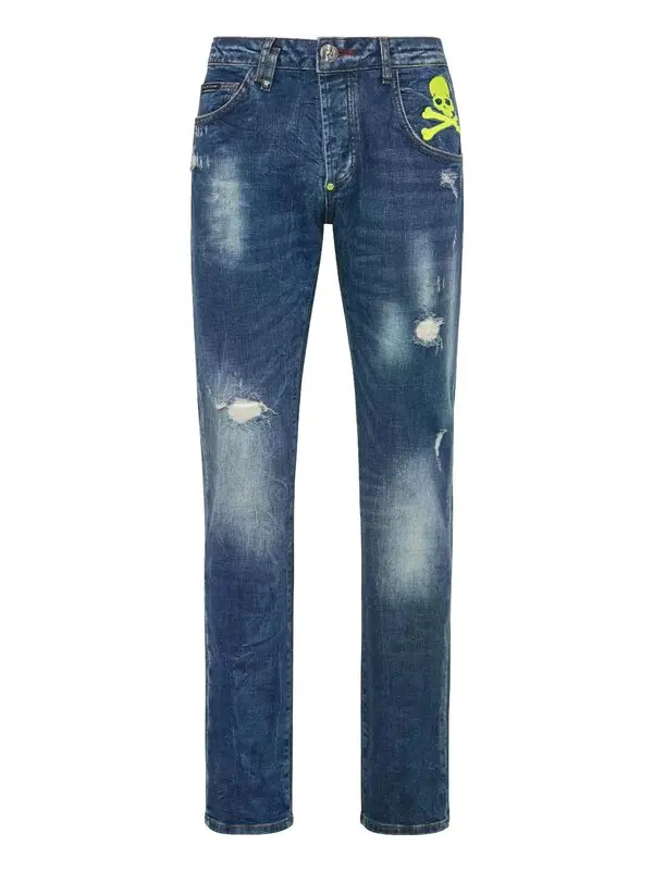 Philipp Plein Skull Paint-splatter Straight-leg Jeans - Blue