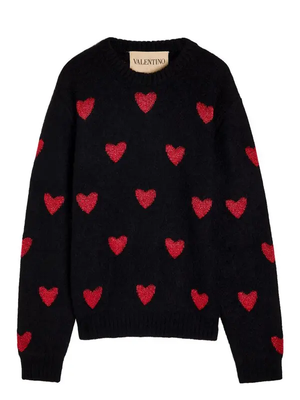 Valentino Garavani Heart-intarsia Metallic Brushed Knit Jumper - Black Red
